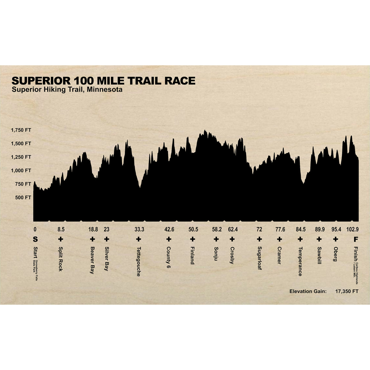 Rocksteady Running - Superior Fall 100 Mile Wood Print Elevation Chart